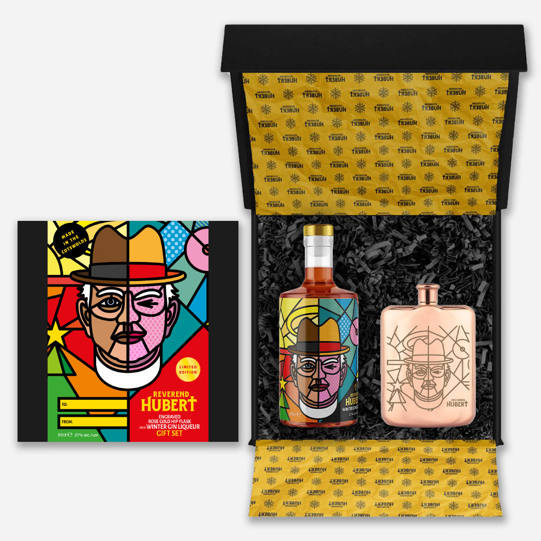 50cl Reverend Hubert Winter Gin Liqueur and engraved rose gold hip fla